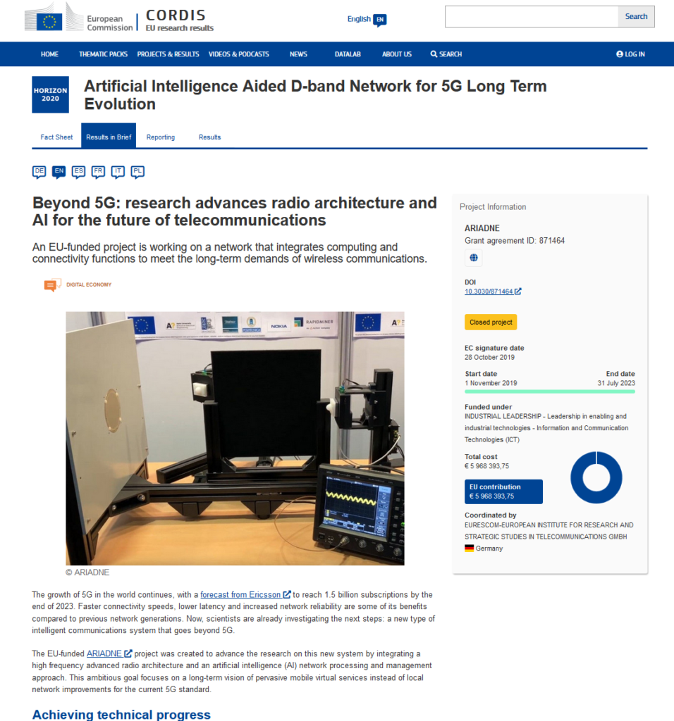 CORDIS publishes EURESCOM Coordinated project ARIADNE – Eurescom GmbH